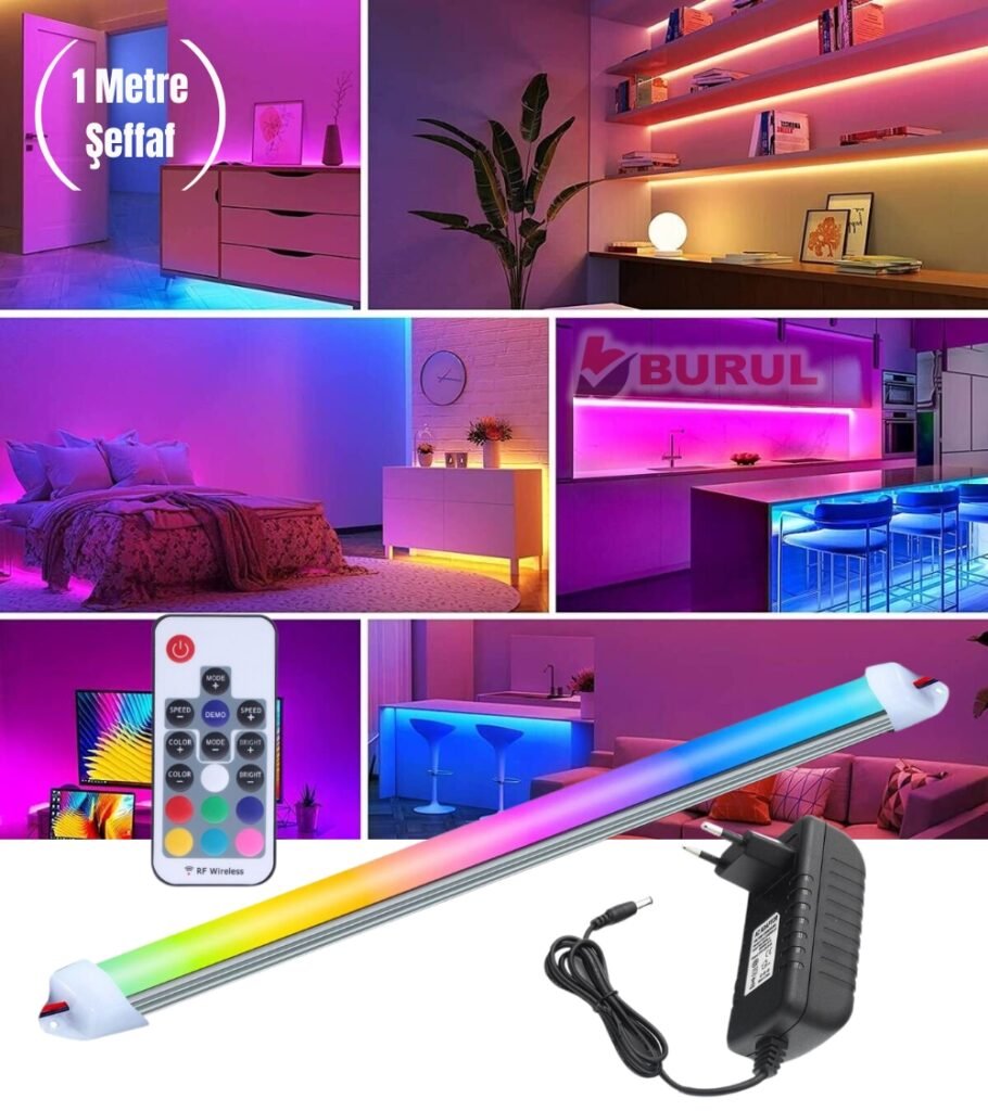 1 Metre Şeffaf 20 Renk RF Kumandalı RGB Çubuk Şerit Led Renk Değiştiren ...