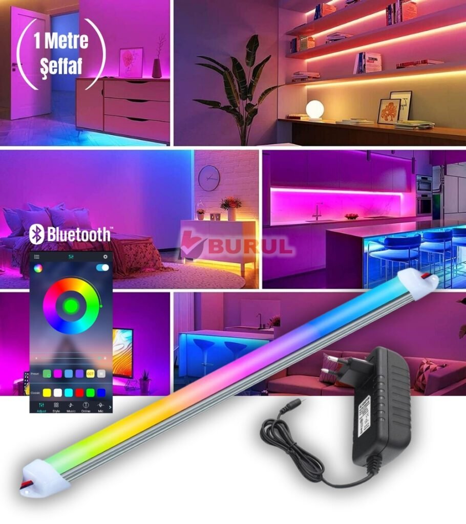 1 Metre Şeffaf 256 Renk Bluetooth Kontrol RGB Çubuk Şerit Led Renk ...
